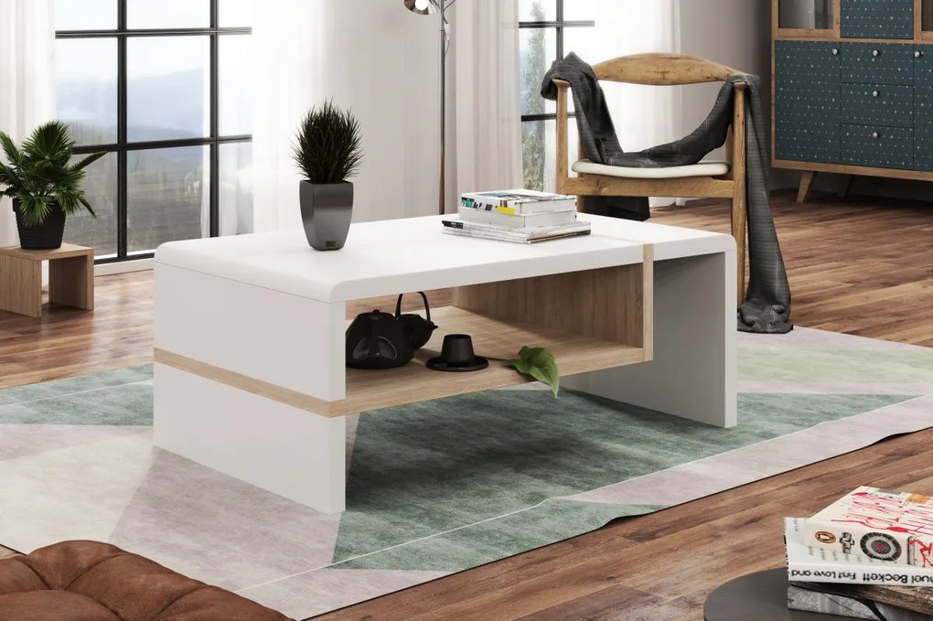 Mazzoni FOLK bílá / dub sonoma, konferenční stolek, černobílý, obdélníkový, lamino, moderni