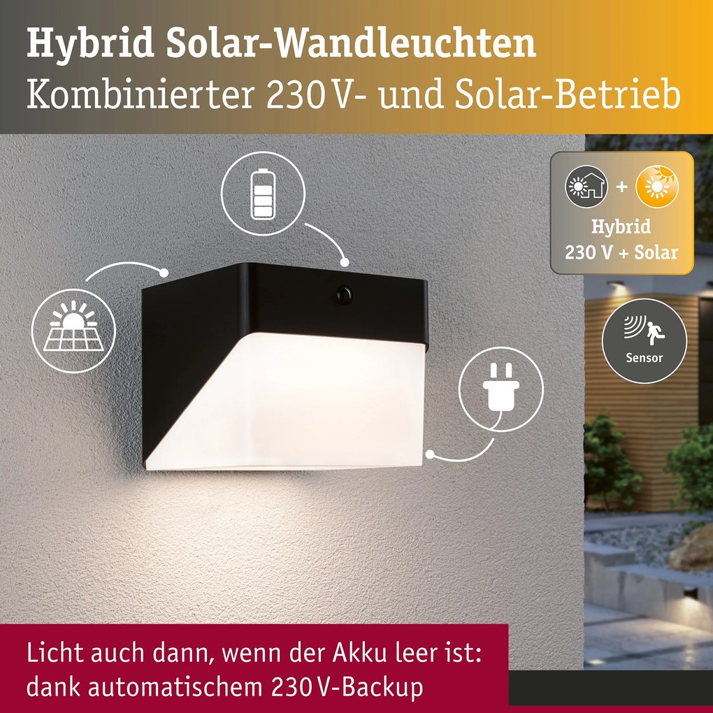 P 95746 Hybrid LED venkovní nástěnné svítidlo Lioren domovní 230V + solární IP44 hranaté 170x170mm 3000K 2,3W 230V černá - PAULMANN