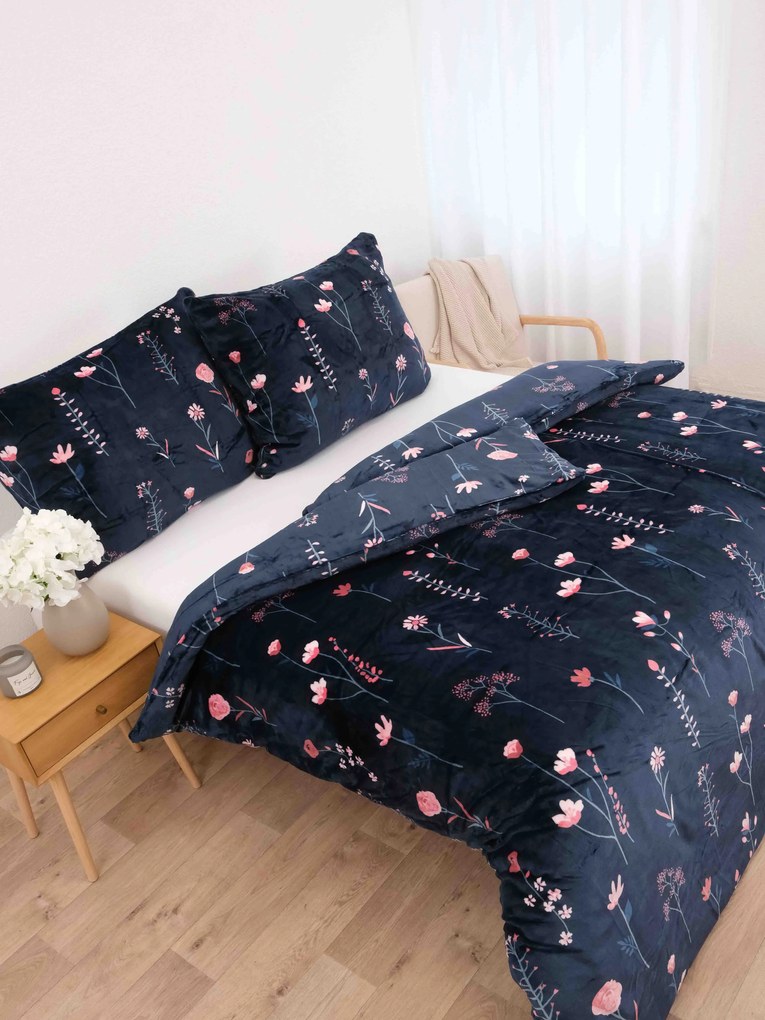 MK Lůžkoviny Prodloužené mikroplyšové povlečení Exclusive - Vlčí máky tmavě modré 140 × 220 cm, 70 x 90 cm