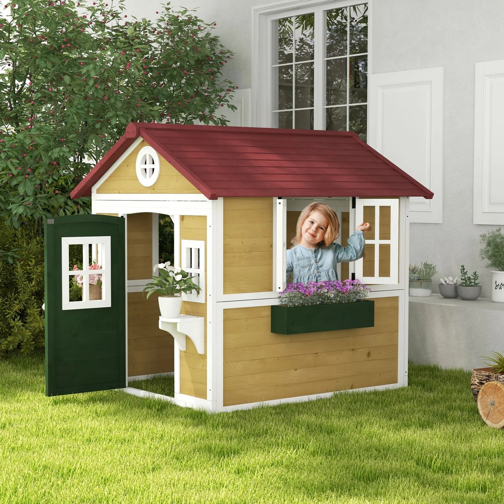 Dětská zahradní chalupa Outsunny, venkovní dům pro děti, s dveřmi, okny a truhlíky, pro děti ve věku 3-8 let, 114 x 126,4 x 135 cm, béžová
