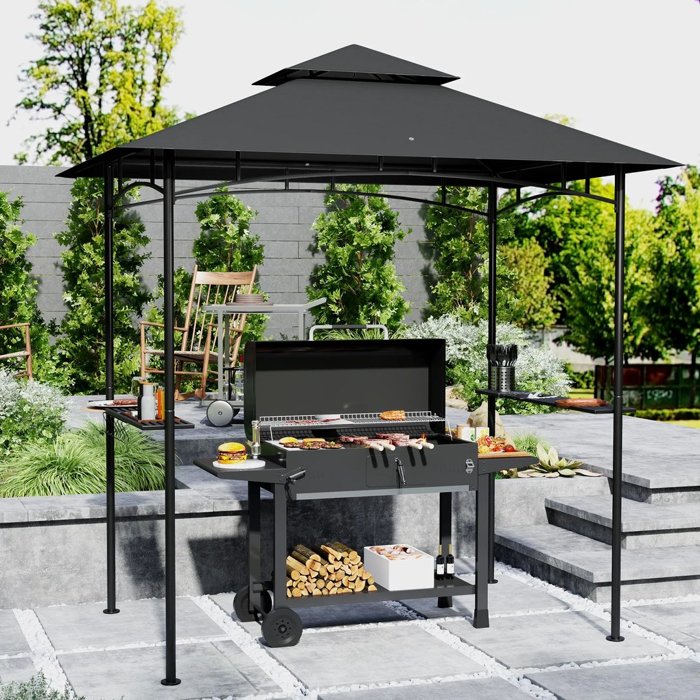 Outsunny BBQ pavilon s LED 240 x 150 x 258 cm, voděodolný a ohnivzdorný zahradní pavilon s dvouvrstvou střechou, bočními policemi, zahradní pergola s…