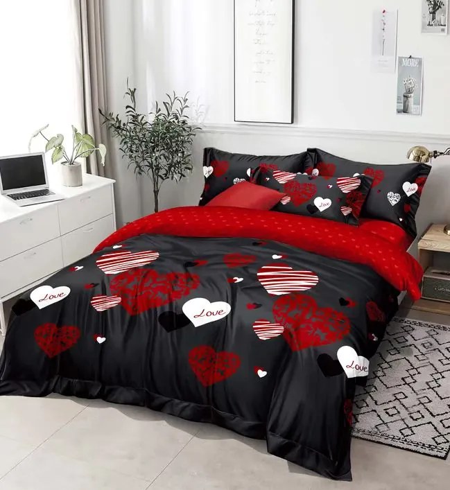 3 dílné povlečení Polycotton Hearts black 200x140cm+90x70cm TiaHome