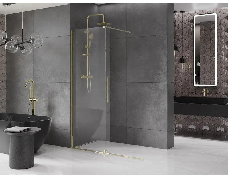 Mexen Velar, posuvné dveře do otvoru typ Walk-In 150 cm, 8mm čiré sklo, zlatá lesklá, 871-150-000-03-50