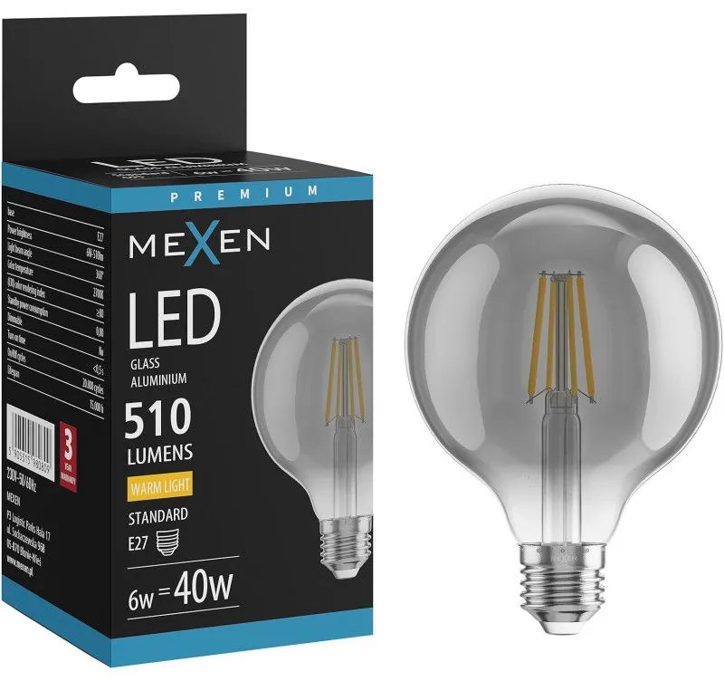 Mexen Vintis LED žárovka filament E27, G95, 6W, Teplá - 2700K, 510 lm, kouřová - L157-E27-0627-70