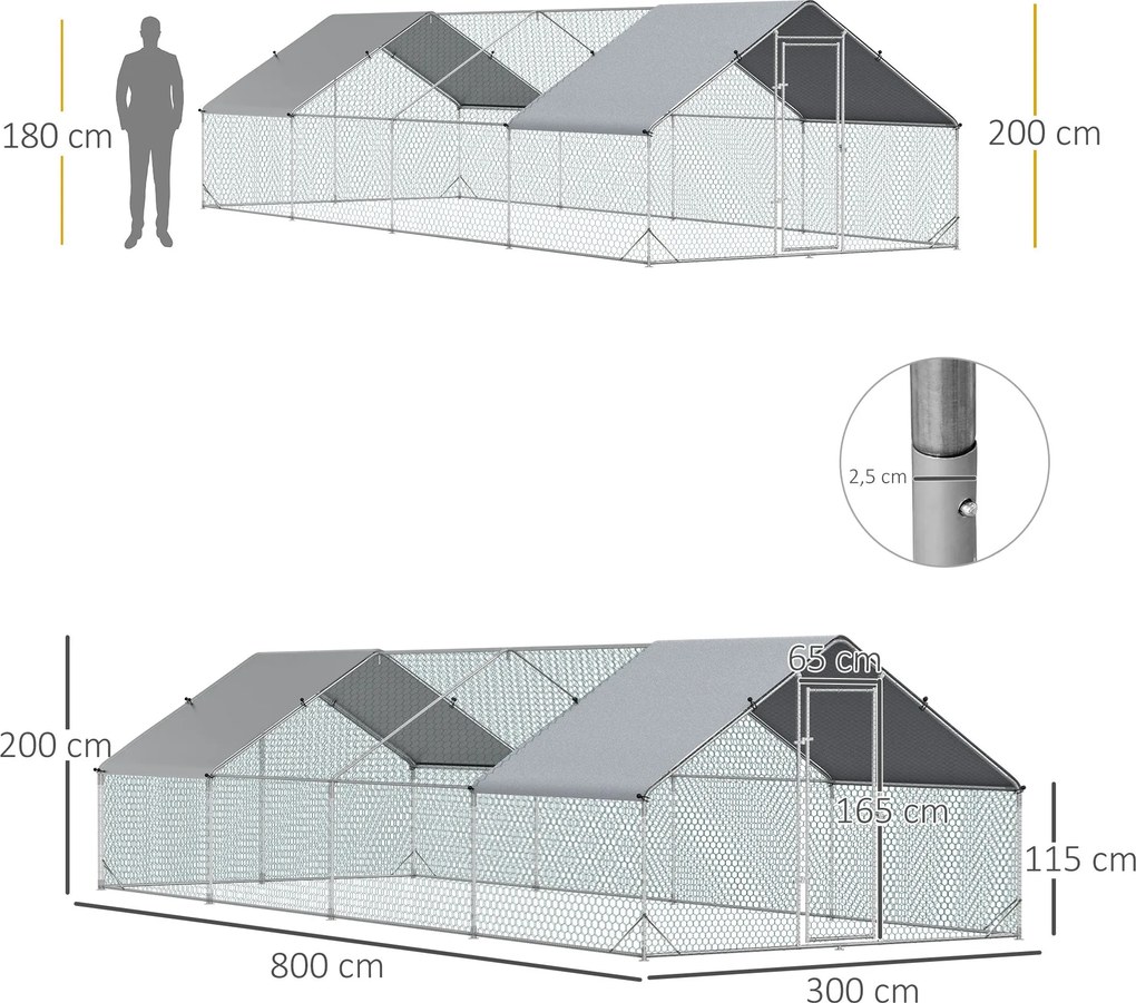 PawHut Velký venkovní kurník 24 m² pro 16-24 slepic 3x8x2 m Galvanizovaný ocelový kurník s PE krytem a zámkem - Stříbrný
