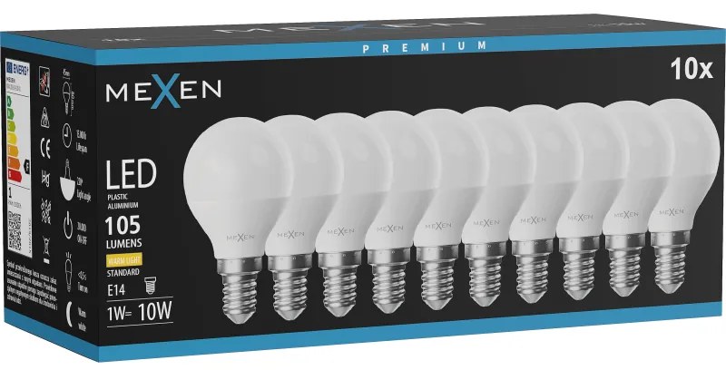Mexen Nova 10x Žárovka LED E14, G45, 1W, Teplá - 3000K, 105 lm - L101-E14-0130-01x10