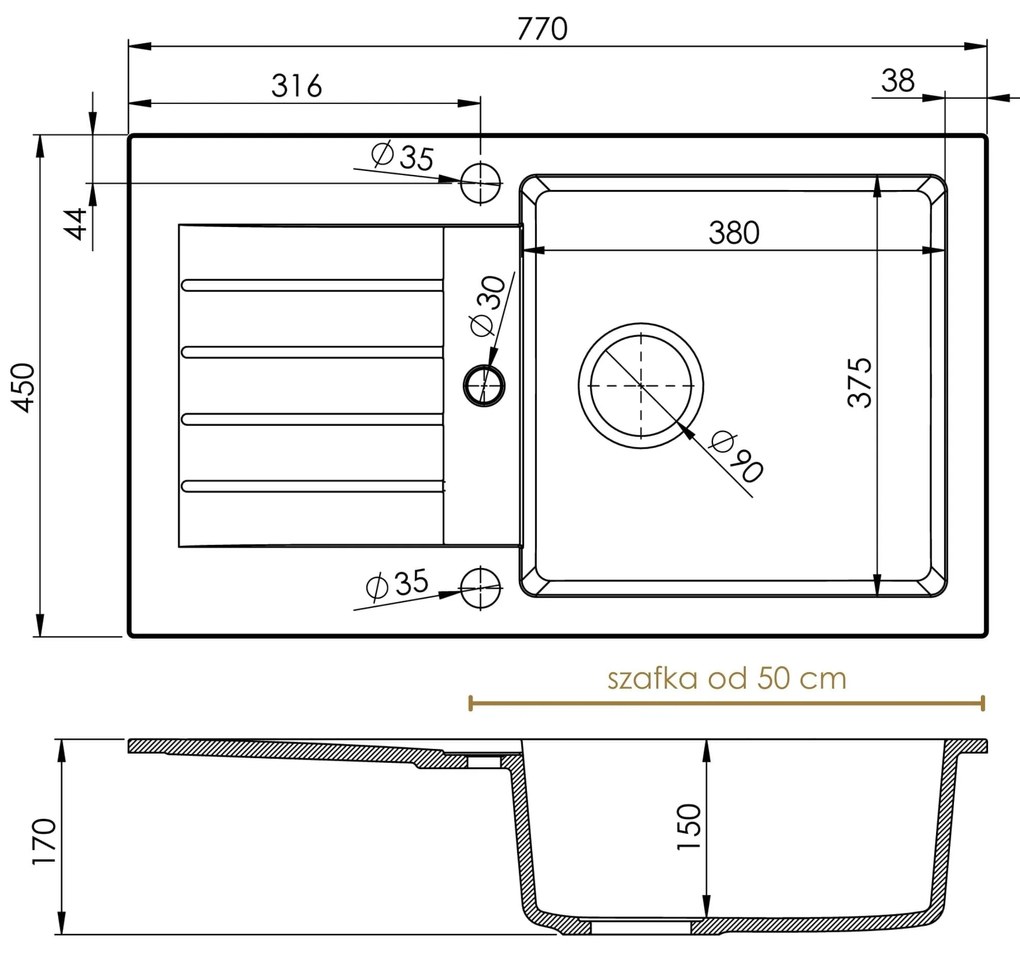 Sink Quality Natalie, kuchyňský granitový dřez 770x450x170 mm + zlatý sifon, černá, SKQ-NAT.C.1KDO.XG