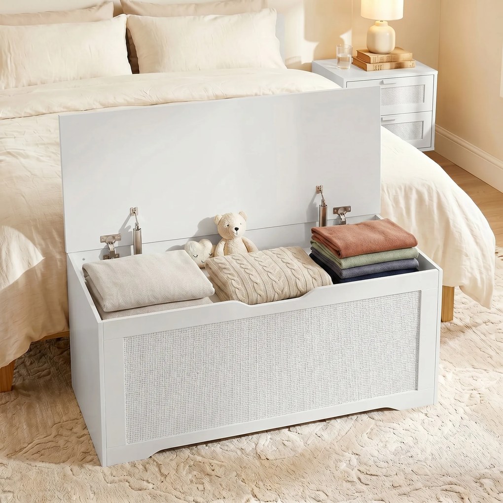 HOMCOM úložný box 108L Úložná lavička s ratanovým panelem, skládací víko, podpěrná ramena pro chodbu 80x40x45cm Bílá