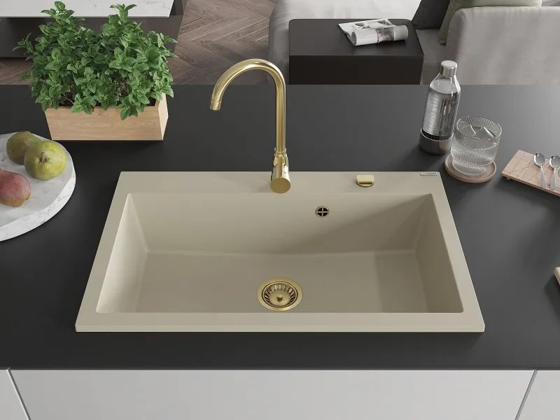 Mexen Elix granitový dřez 1-komorový 800 x 500 mm, béžový, zlatý sifon - 6527801005-69-G