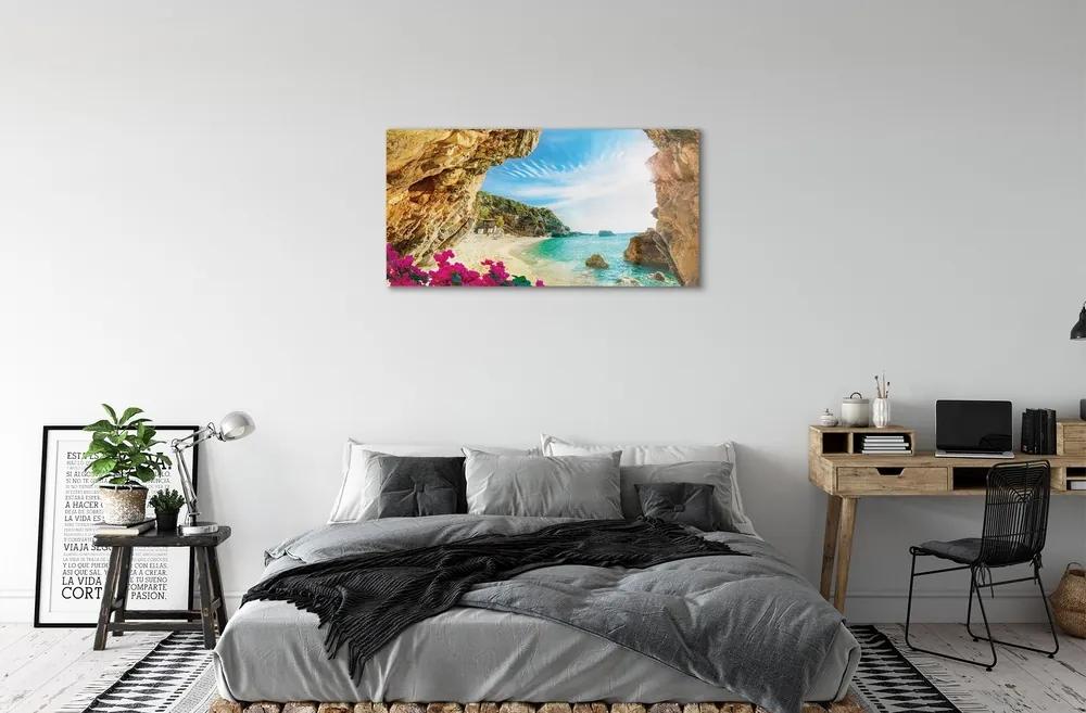 Obraz na skle Řecko pobřeží útesy květiny 140x70 cm