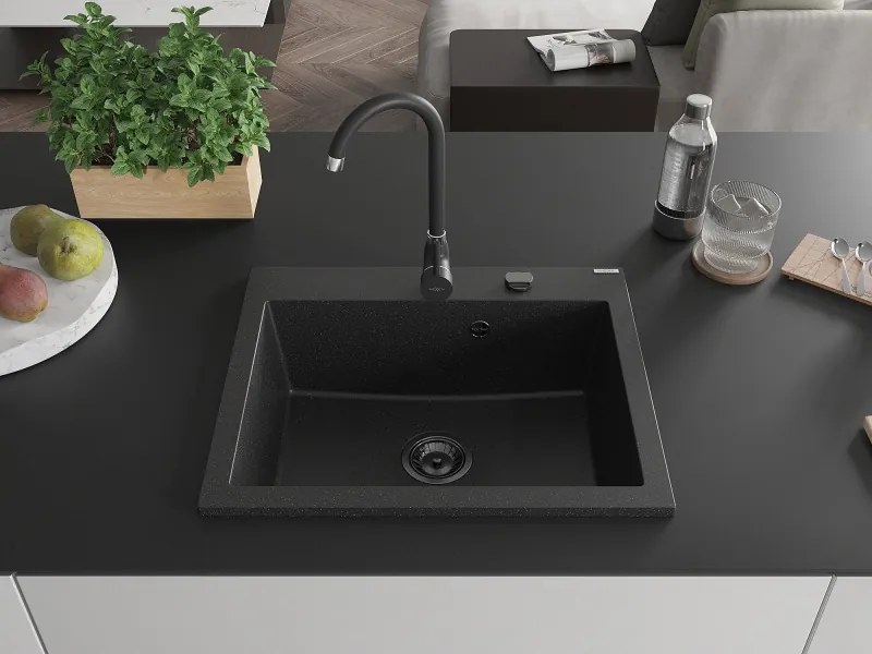 Mexen Elix, 1-komorový granitový dřez 600 x 500 mm, černá/stříbrná metalíza, černý sifon - 6525601005-73-B