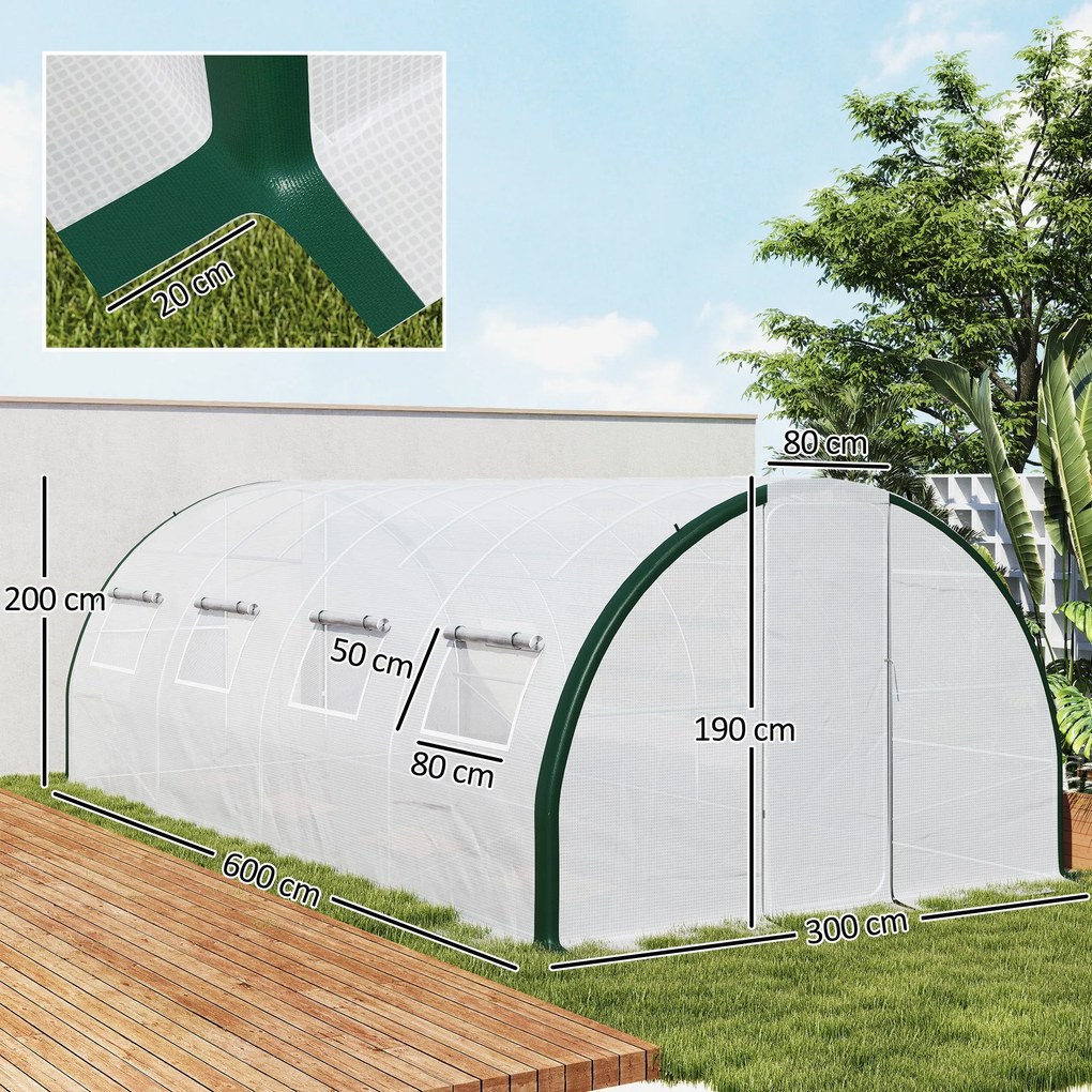 Outsunny Tunelový Skleník 6x3m s 2 Dveřmi a 8 Okny, Zahradní Skleník z PE, Polyesteru a Pozinkované Oceli, Bílý a Zelený