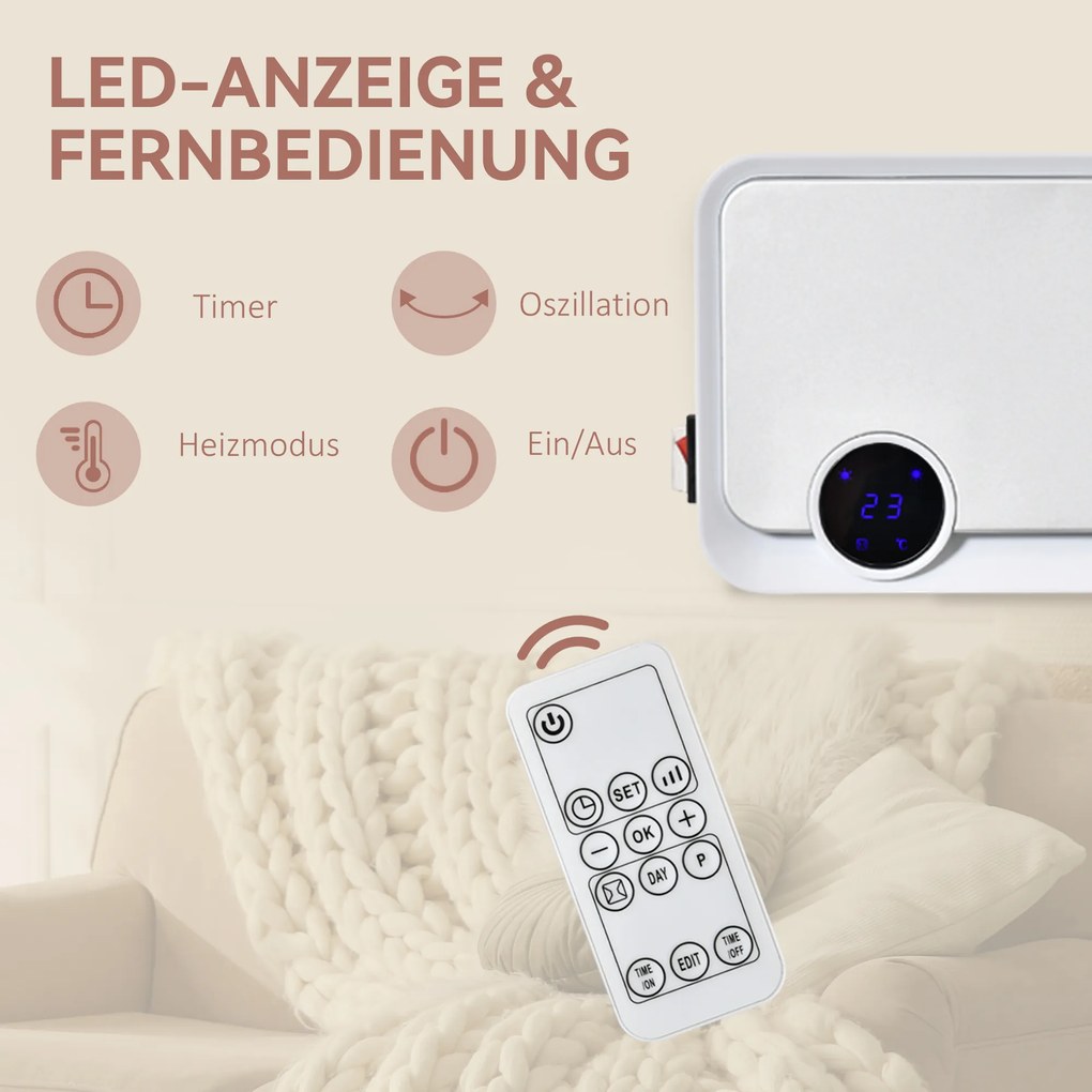 HOMCOM Topný ventilátor na stěnu 2000W s dálkovým ovládáním, 3 režimy provozu, LED displej, 12hodinový časovač 820-252V90