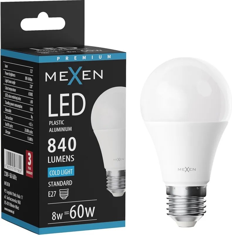 Mexen Nova, LED žárovka E27, A60, 8W, studená - 4000K, 840 lm - L100-E27-0865-01
