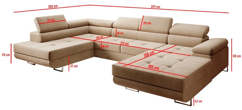 Eka Rohová sedačka KALISI do U, 347 cm Roh pohovky: Levý roh, Barva látky: MONOLITH 84 + MONOLITH 95