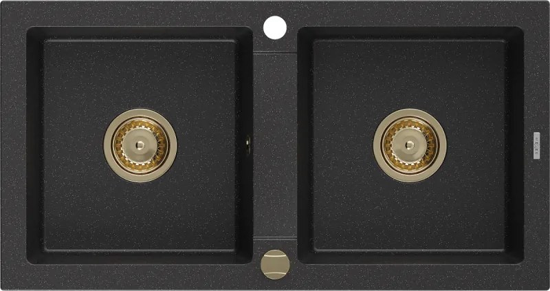 Mexen Mario, granitový dřez 820x436x161 mm, 2-komorový, černá-stříbrná metalíza se zlatým sifonem, 6504822000-73-G