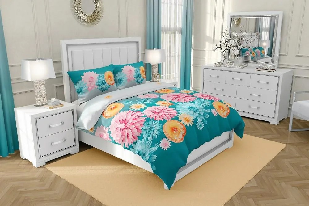 Zaratex Saténové povlečení 220x200 Blossom tyrkysové barevné květy Satén Home 1