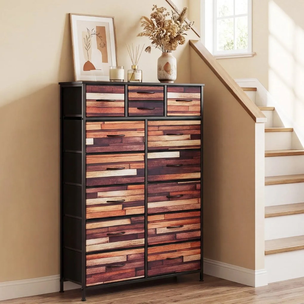 Costway Komoda s 14 zásuvkami Zásuvková skříň s látkovou komodou a kovovým rámem