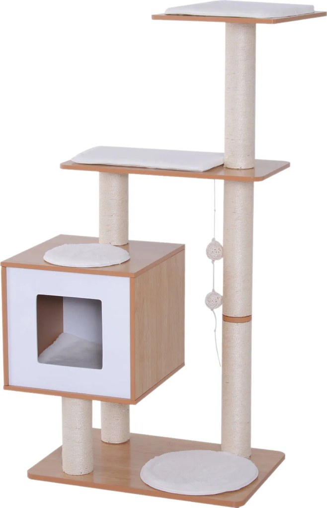 PawHut Dřevěný Škrabadlo pro Kočky 71,5x49,5x120 cm Kočičí Věž s Jeskyní, Platformami, Sisalovými Škrabacími Sloupy, Měkkými Plyšovými Polštáři a Visí