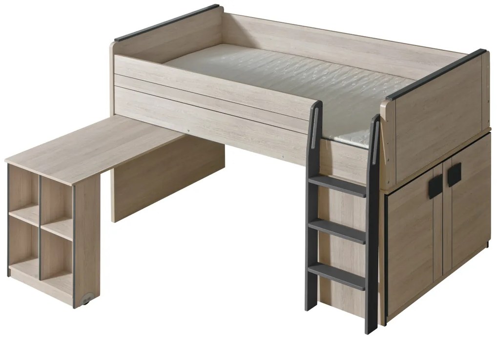 Vyvýšená postel Gumi G15 s výsuvným stolkem Dub santana / šedá, 1 ks hlavní matrace