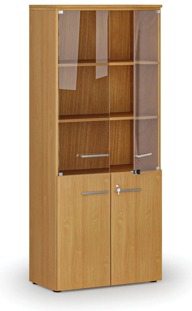 Kombinovaná kancelářská skříň PRIMO WOOD s dřevěnými a skleněnými dveřmi, 800 x 420 x 1781 mm, buk