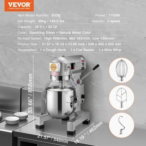 Komerční mixér na jídlo 28,5 l 3-rychlostní stojanový mixér na těsto 1100 W