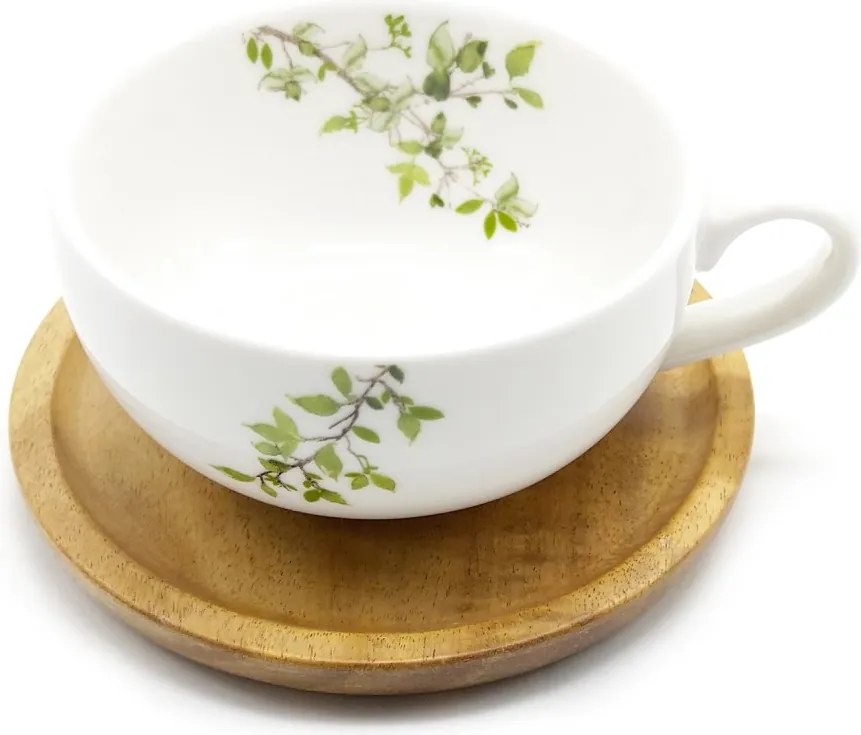 Porcelánový espresso šálek Natura s podšálkem z akácie, 120 ml – s japonským motivem sakury