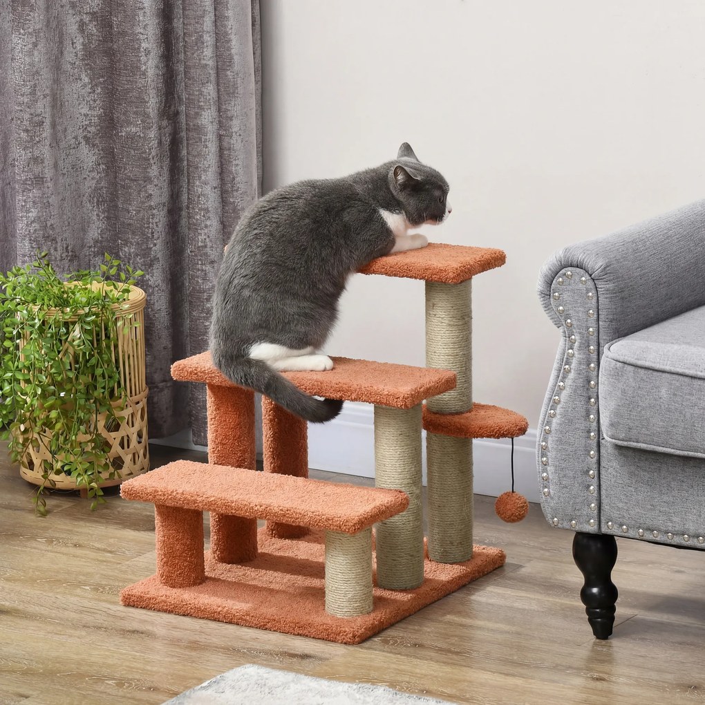 PawHut kočičí schody schody pro psy a kočky 3 stupně se škrabadly hrací míč plyšový hnědý 45x40x48cm pro větší pohodlí | Aosom.de