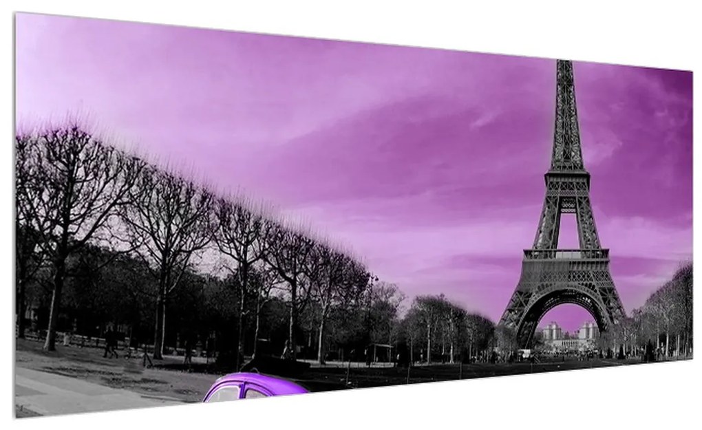 Obraz Eiffelovy věže a fialového auta (100x40 cm)