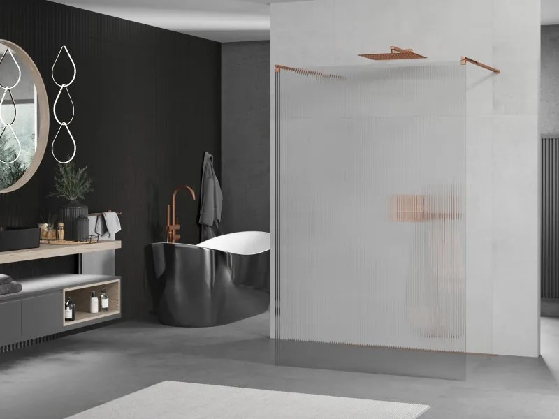 Mexen Kioto, sprchová zástěna Walk-In 100 x 200 cm, 8mm sklo s žebrovým vzorem, růžové zlato profil, 800-100-002-60-09