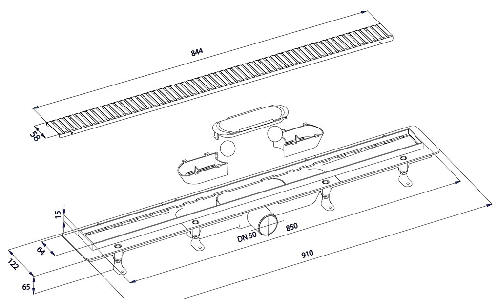 Sapho, Sprchový kanálek s nerezovým roštem, DN50, 910x122x65 mm