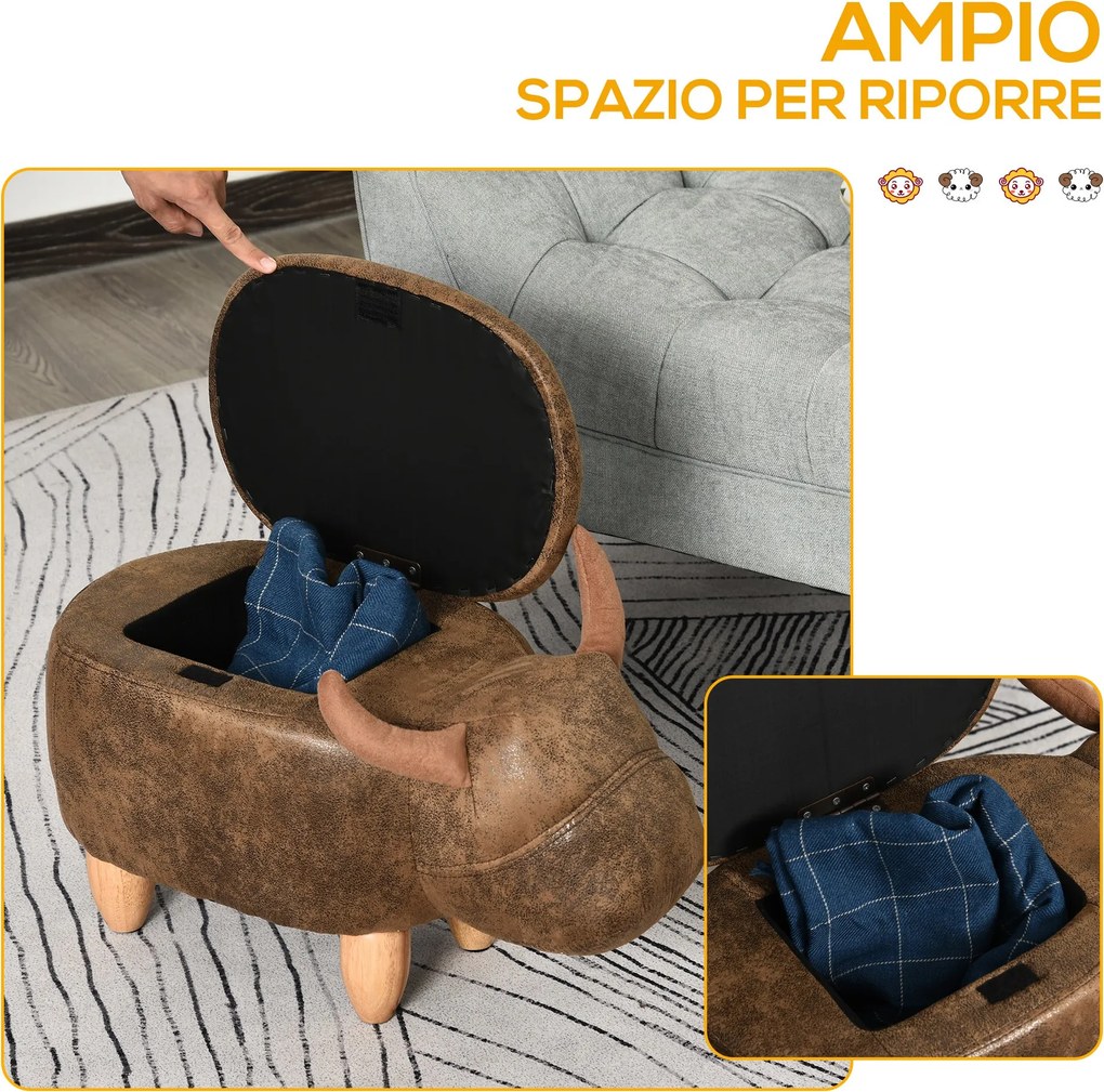 HOMCOM Úložný Otoman ve Tvaru Bison, Moderní Stolička do Obývacího Pokoje, Polstrované Sedátko, Dřevěný Rám, 62x35x36cm, Hnědá