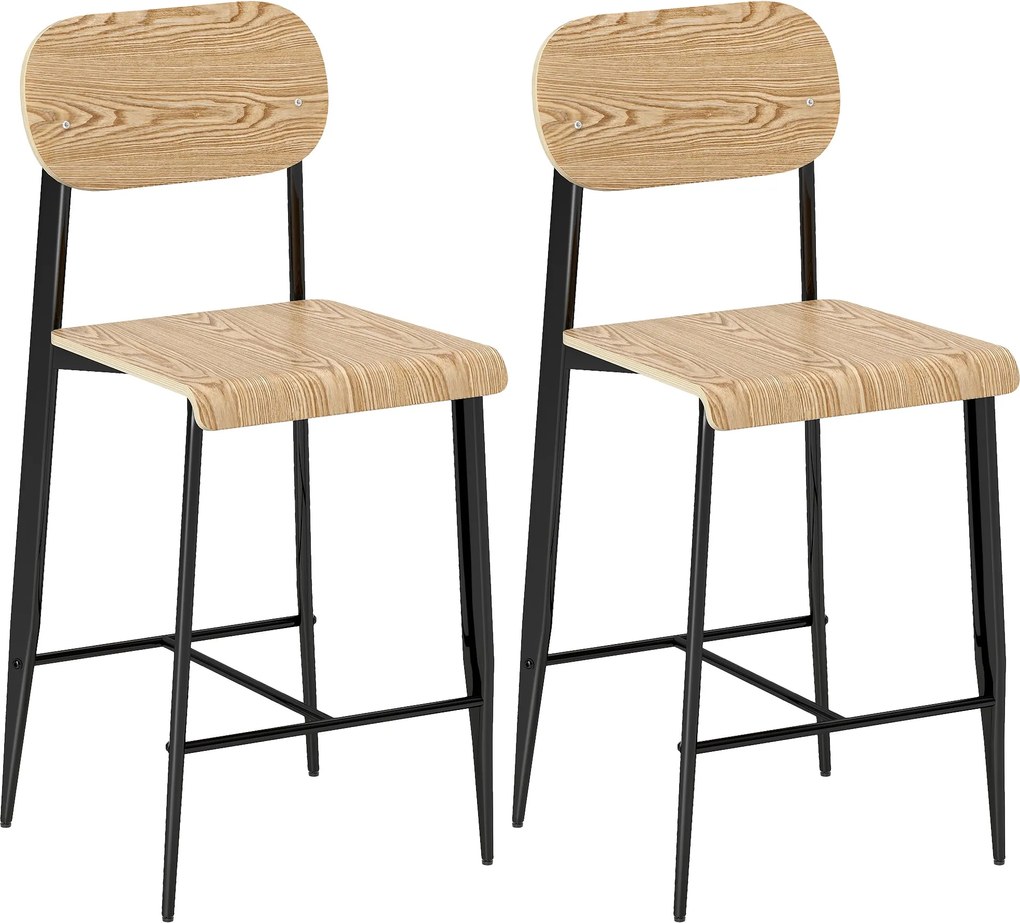 HOMCOM Sada 2 Barových Židlí, Barová Židle s Opěrným Nohama, Kovový Rám, Kuchyňská Židle s Výškou Sedáku 66 cm, Snadná Montáž, Průmyslový Design Příro
