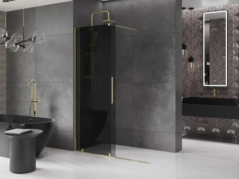 Mexen Velar, sprchová zástěna s posuvnými dveřmi Walk-in 130 x 200 cm, 8mm šedé sklo, zlatá lesklá, 871-130-000-43-50