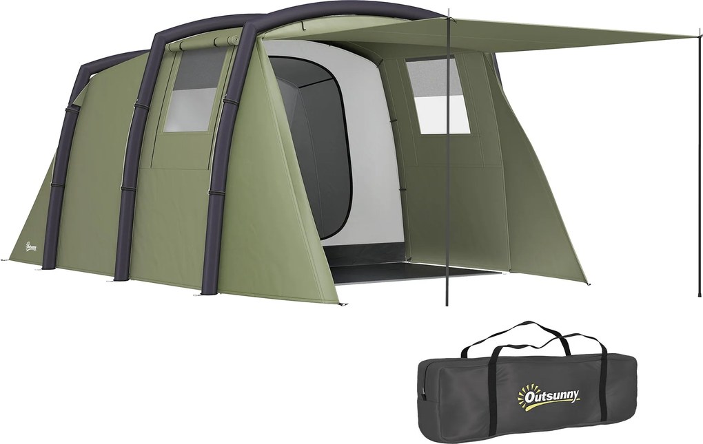 Outsunny nafukovací rodinný tunelový stan pro 3–6 osob — glamping stan s předsíňkou, síťovými okny, přepravní taškou, ochrana UPF50+, voděodolný, oliv