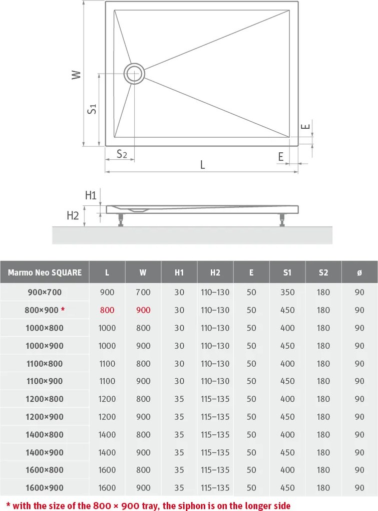 Roth Obdélníková sprchová vanička z litého mramoru MARMO NEO SQUARE-R Varianta: rozměry: 90x70 cm - (MARMO NEO SQUARE-R 900x700 - MAN SQ 090070 2E)