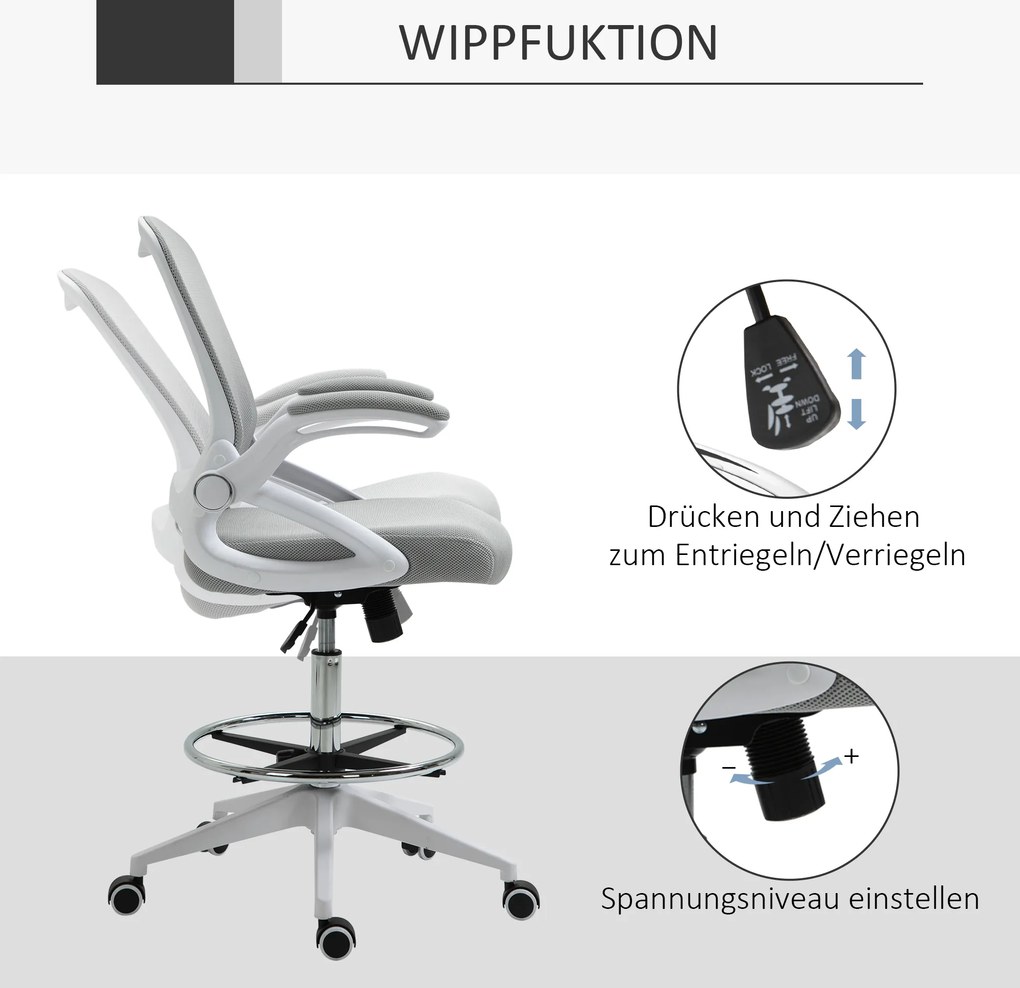 Ergonomická kancelářská židle Vinsetto s sklápěcími opěrkami a nastavitelným kroužkem pod nohy, výškově nastavitelná otočná židle s funkcí naklápění,…
