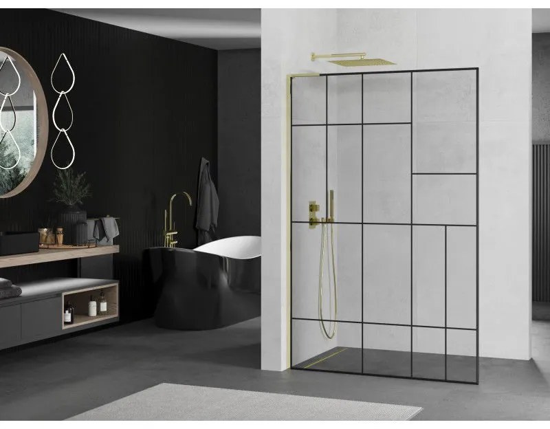 Mexen Kioto L, sprchová zástěna Walk-In 120 x 200 cm, 8mm čiré sklo černý vzor, zlatý lesklý profil, 800-120-103-50-78