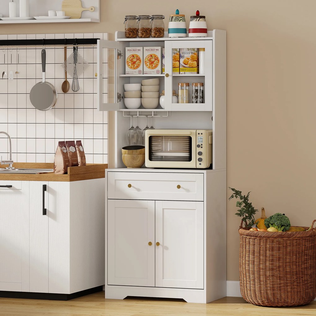 HOMCOM Kuchyňská skříň s pracovní deskou, držákem na vinné sklenice, skladovací skříň do kuchyně a jídelny, 170 cm, MDF, sklo, bílá
