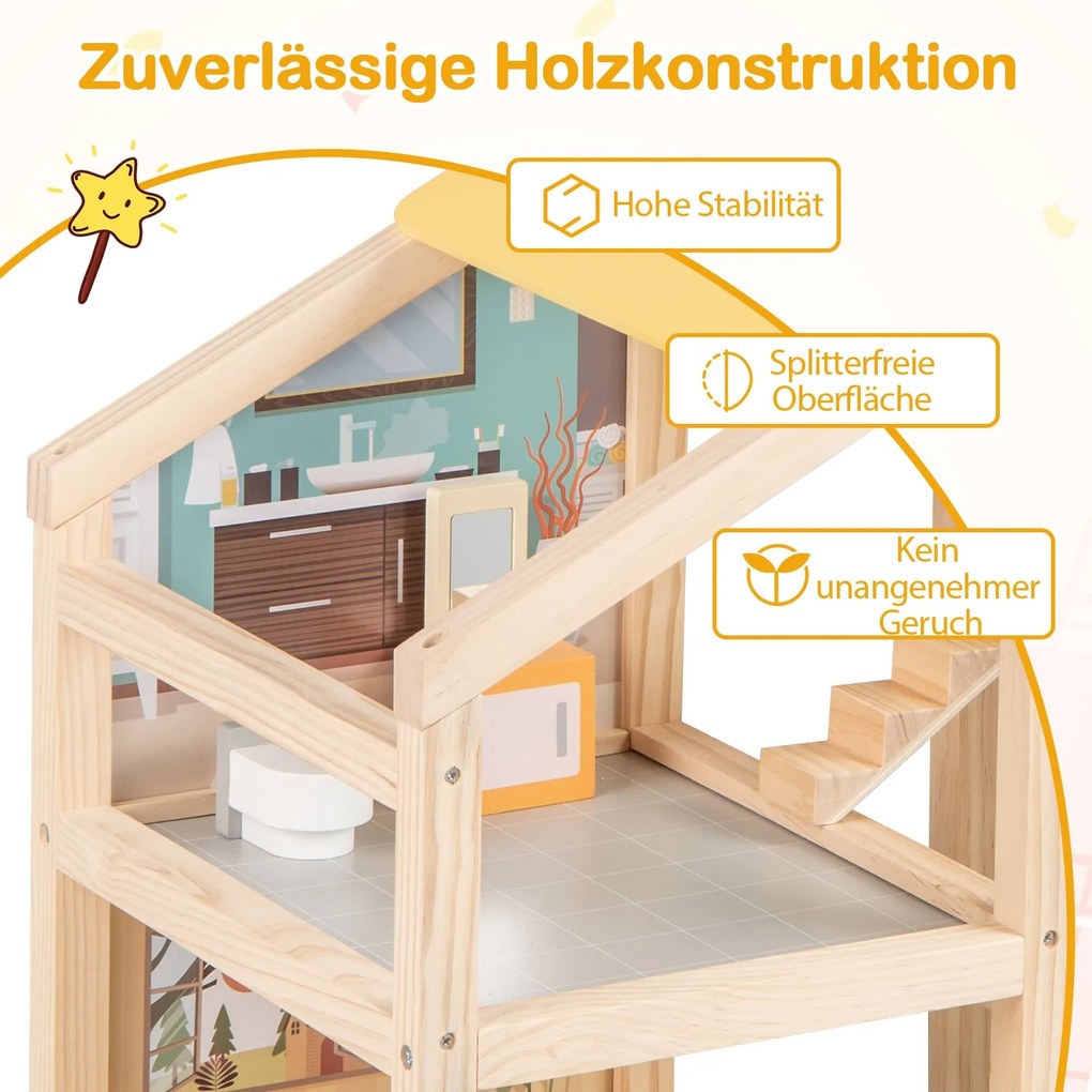 Costway Dětský dřevěný domeček pro panenky s nábytkem a figurkami. Rodinný