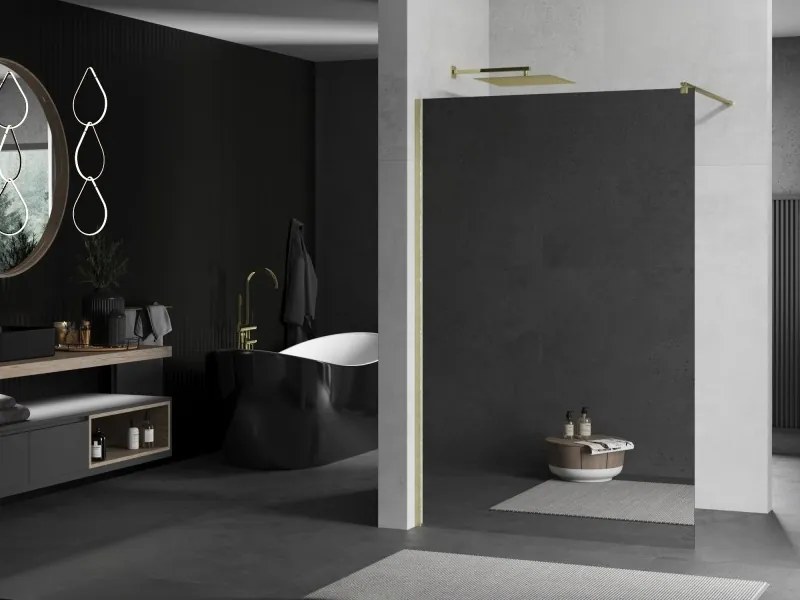 Mexen Kioto, sprchová zástěna Walk-In 140 x 200 cm, 8mm sklo vzor zrcadlo, zlatý matný profil, 800-140-101-55-50