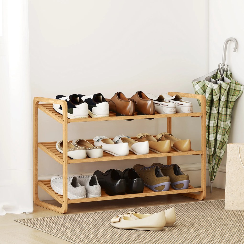 HOMCOM 3-patrový botník z bambusu pro 12 párů bot - Organizér do vstupní haly 76x33x50,8 cm Přírodní