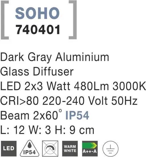 NV 740401 Venkovní nástěnné svítidlo SOHO tmavě šedý hliník skleněný difuzor LED 2x3W 3000K 220-240V 2x60st. IP54 světlo nahoru a dolů - NOVA LUCE