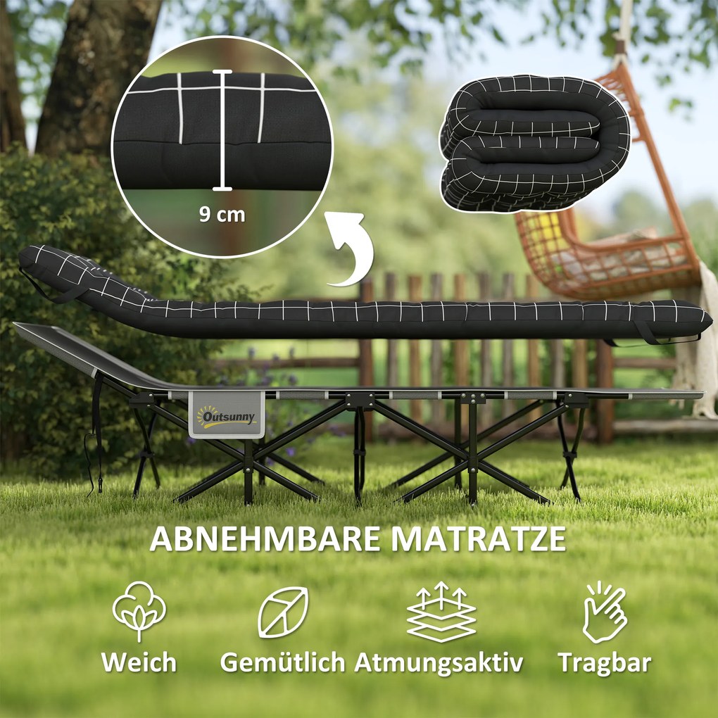Outsunny Skládací kempinkové lůžko, kempinkové lůžko s matrací, ergonomické, kovový rám, černá barva