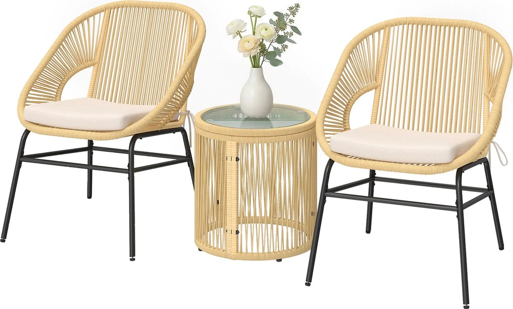 Outsunny 3dílný ratanový bistro set – 2 polstrovaná křesla a tvrzený skleněný stolek, ergonomický nábytek na balkon/terasu, béžová | Aosom