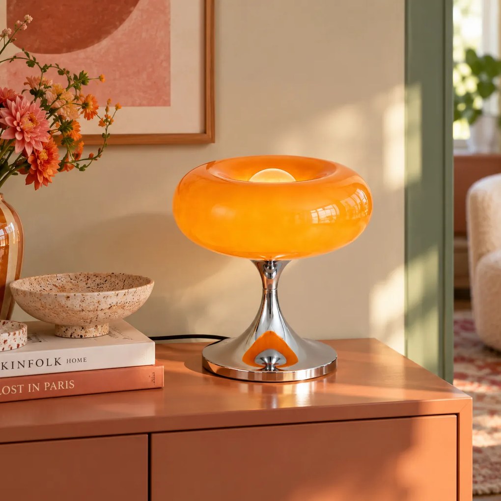 Retro stolní lampa chromová s oranžovým skleněným stínidlem 31 cm - Glaze