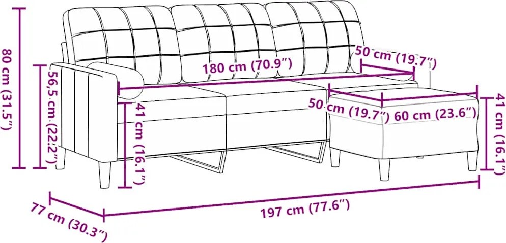 3místná pohovka s podnožkou hnědá 180 cm samet 3278274