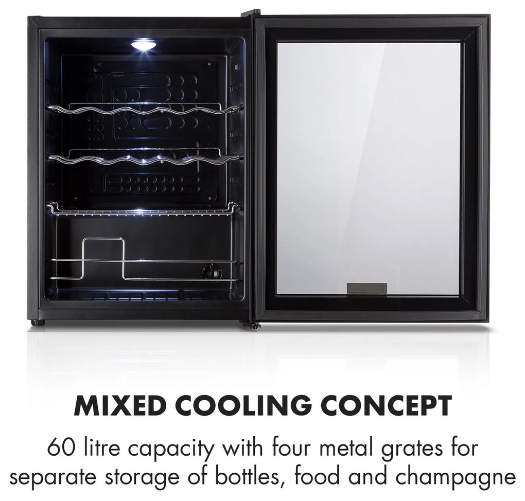 Klarstein Beersafe XL Onyx, lednice na nápoje, energetická třída E, LED, kovové mřížky, skleněné dveře, černá