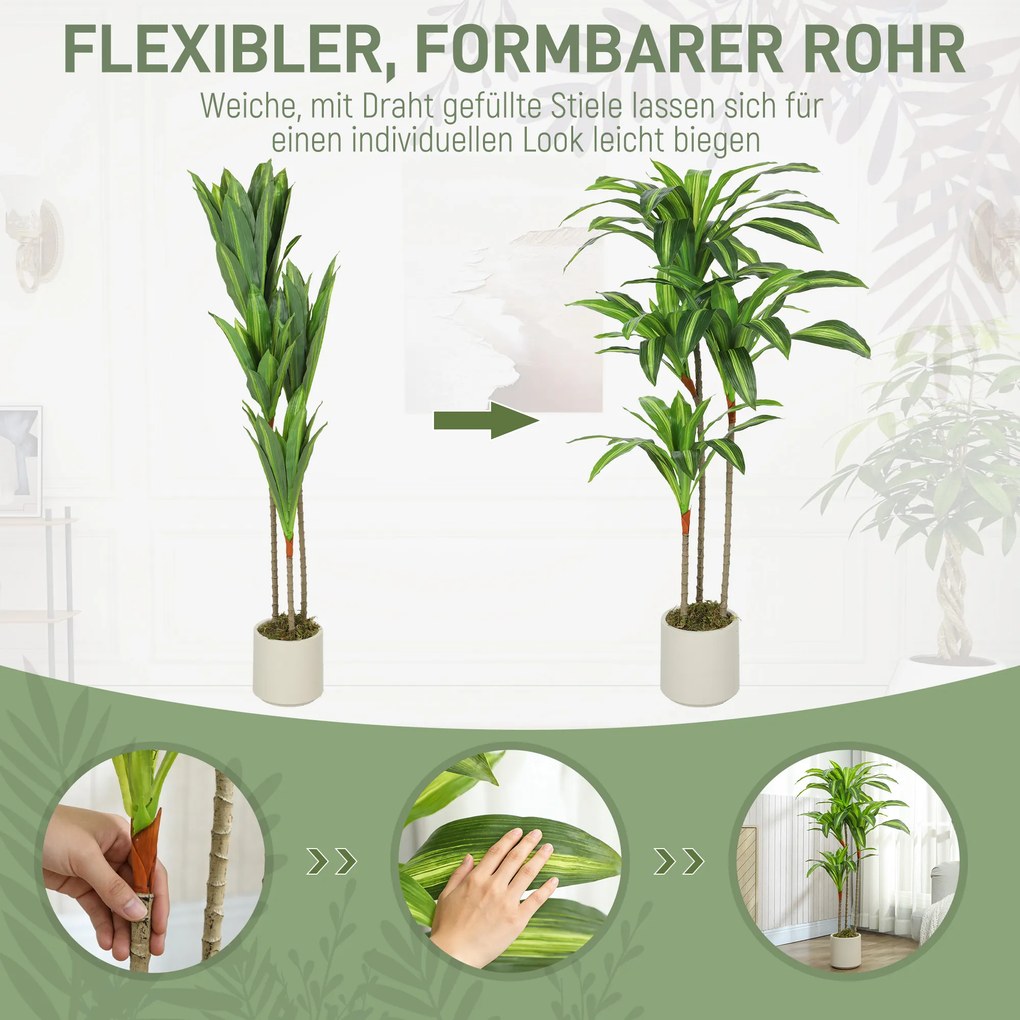 HOMCOM umělá rostlina Dracaena s ohebnými větvemi, bílý květináč (PP + cement) – listy PEVA, dřevěný kmen, 60 × 40 × 120 cm