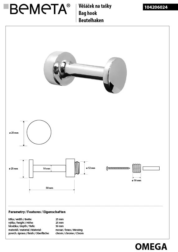 Bemeta Design OMEGA: Háček, na tašku - 104206024